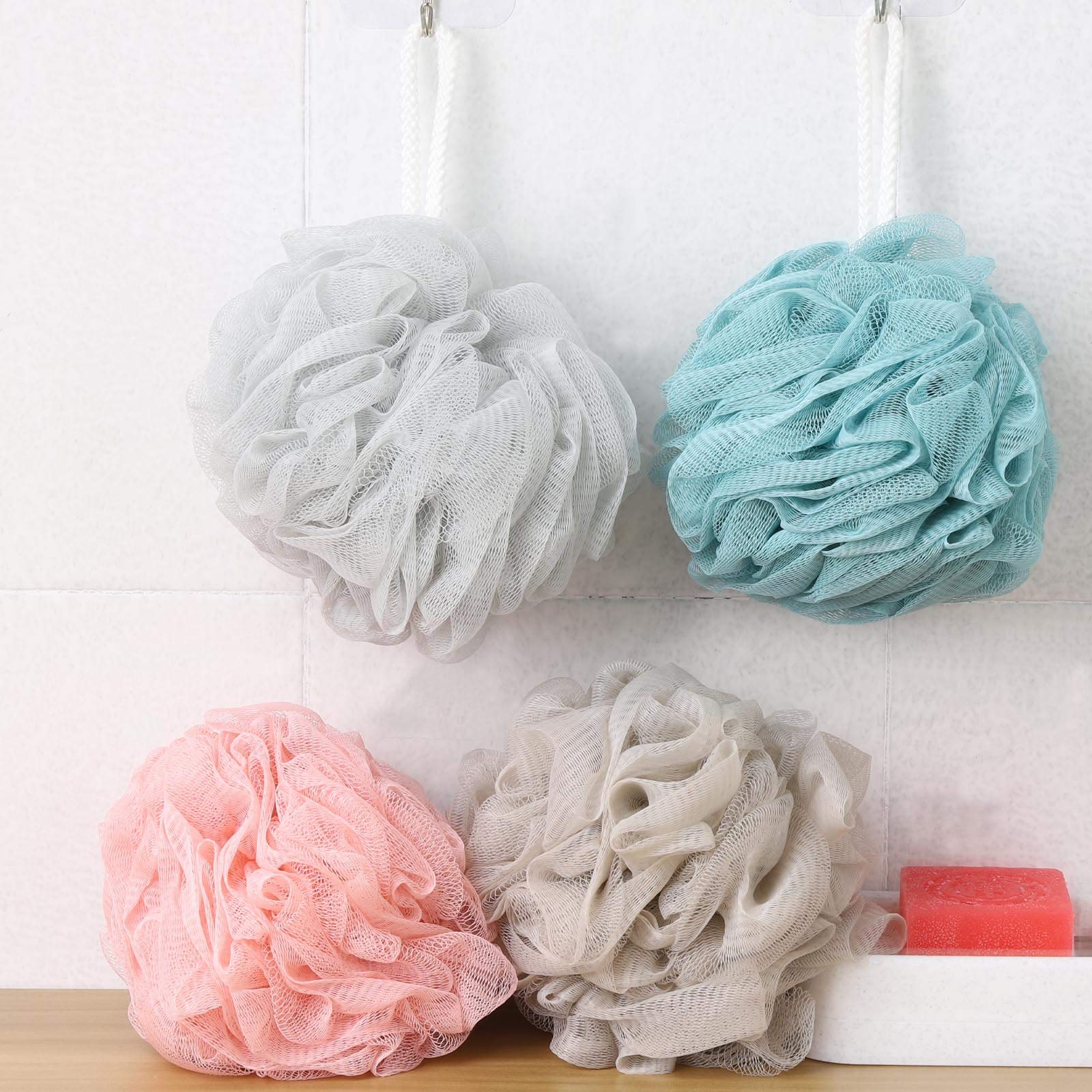 4 Pack Shower Loofahs Wash Puff 60g/pcs Body Sponges Mesh Lufas Bath Sponge for Women