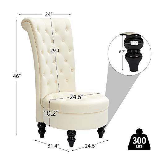 AVAWING Throne Royal Chair Set of 1 for Living Room, Button-Tufted Accent Armless High Back Chair with 24.6 Inch Larger Seat, Thick Padding and Rubberwood Legs, Cream White