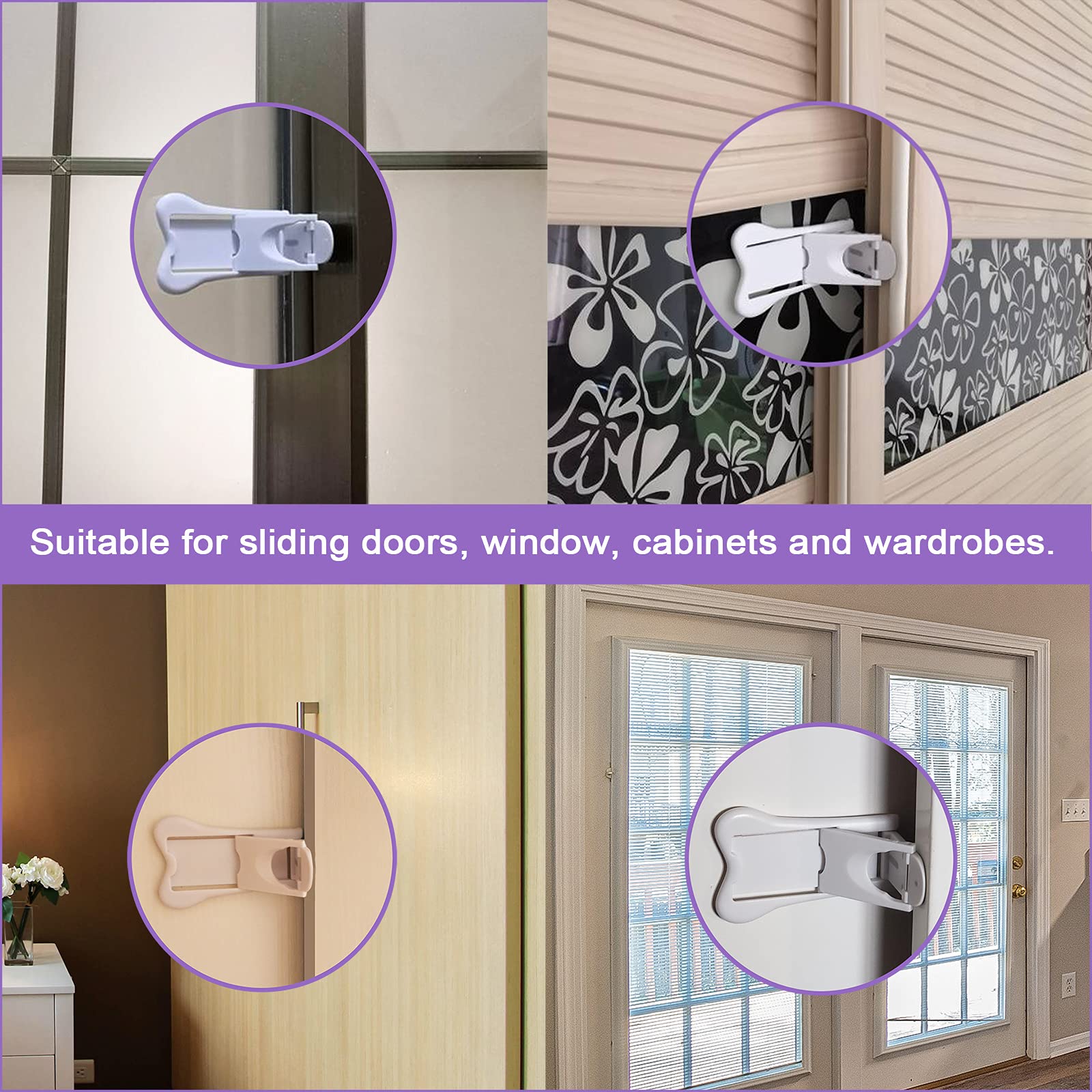 4 Pack Sliding Door Lock for Child Safety, Baby Proof Locks for Sliding Glass Doors, Closets, Patio Door, Window - Childproof Sliding Door Locks - No Screws or Drills