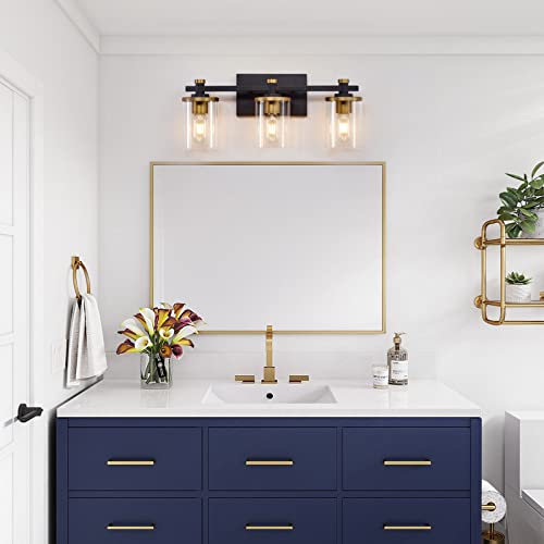 Atocif Bathroom Vanity Light 3-Light, Black and Gold Bathroom Light Fixtures with Clear Glass Shade, Vintage Bathroom Vanity Lights, Modern Wall Sconce for Bathroom, Living Room, Hallway, Bedroom