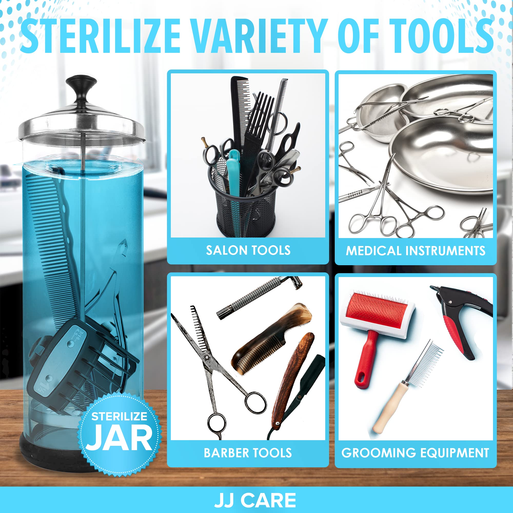 JJ CARE Disinfectant Jar (35 oz) - Barber Jar Glass, Sanitizer Disinfectant Glass Jar, Barber Disinfectant Jar Implement Disinfectant Container w/Stainless Steel Removable Strainer & Cap - Black Lid