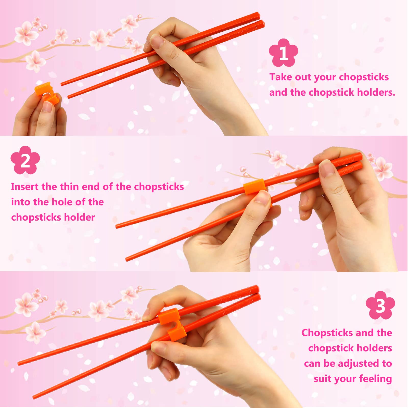 5 Pairs Chopsticks and Chop stick Helpers Set, Plastic Hinges Connector Training for Adults, Beginner, Trainers or Learner, Non-Slip Reusable and Replaceable, Dishwasher Safe (Cherry blossom)