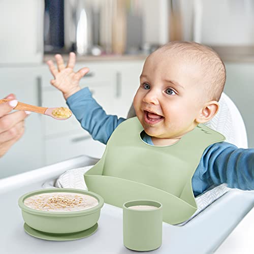 Baby Feeding Set, BPA free, Food Grade Silicone Dinner Plate and Cutlery Set, Learn To Eat on Your Own, Set Includes Suction Cup Bowl, Spoon, Bib and Cup (Fruit Green)