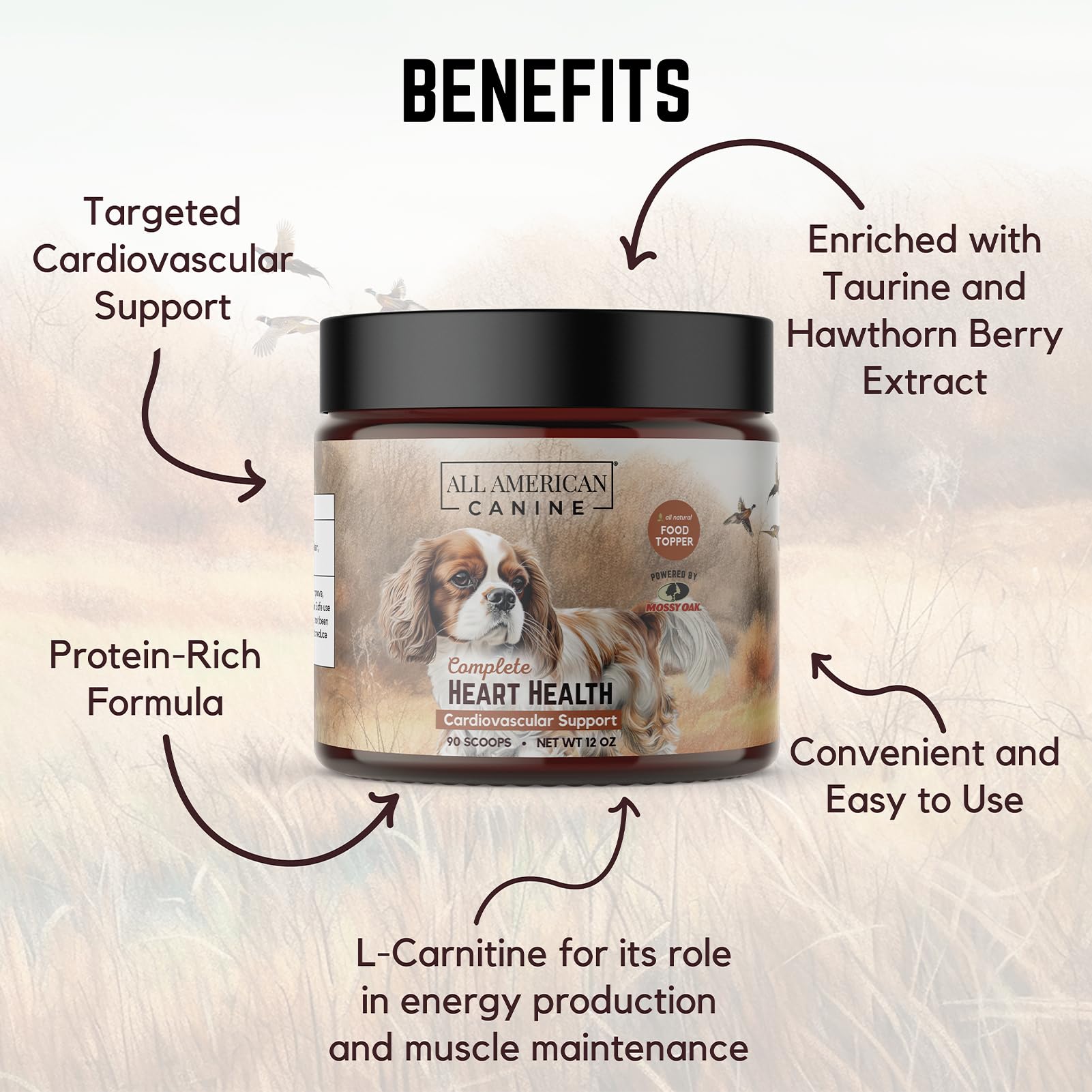 ALL AMERICAN CANINE Complete Heart Health Cardiac Function Support Powdered Supplement Food Topper for Working, Hunting & Sports Dogs, 90 Servings