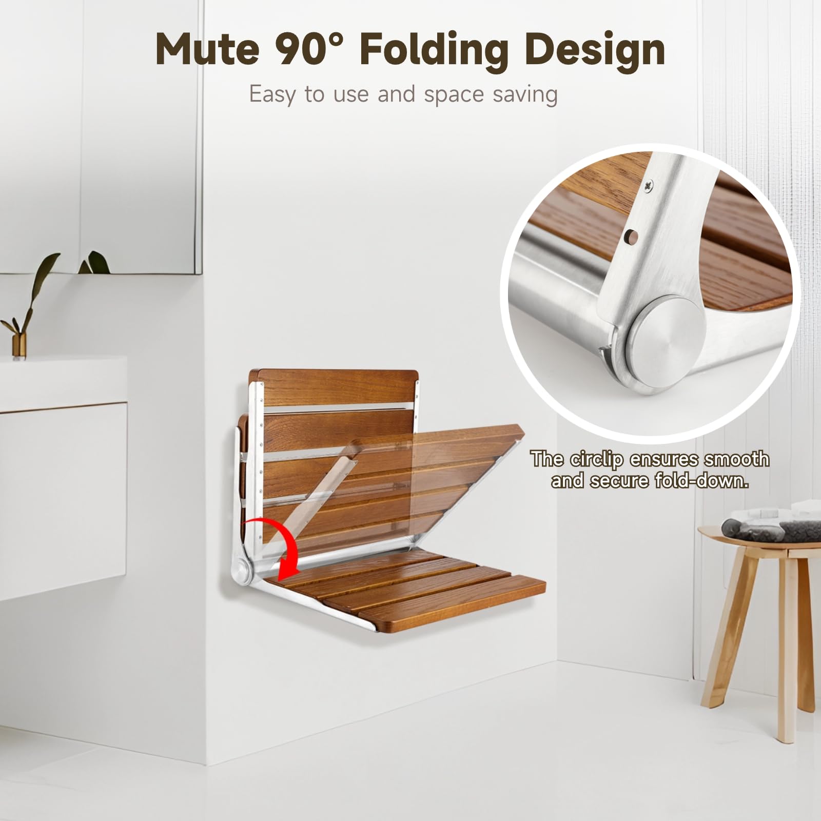Folding Teak Shower Seat Wall Mounted, Hybodies Waterproof Wood Shower Bench, Wall Mounted Fold Down Wood Stool, Home Care Shower Chair Bench for Pregnants Seniors, Maximum Load 440lb