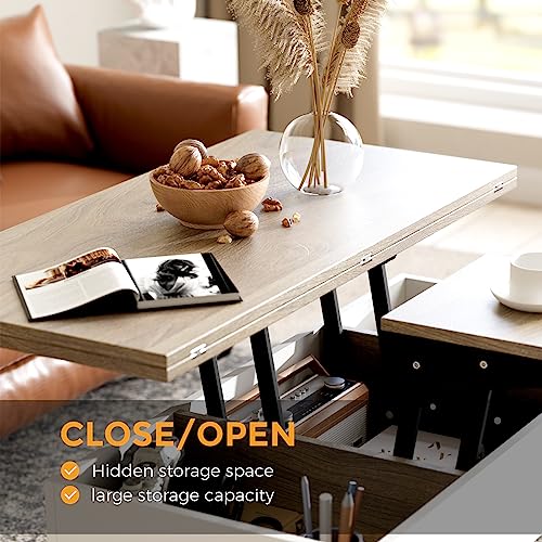 Bidiso 3 in 1 Lift Top Coffee Table, Ten Minutes Install Multifunction Coffee Table, Coffee Table Converts to Dining Table, Lift Top Dining Table Work Desk with Storage,Light Oak