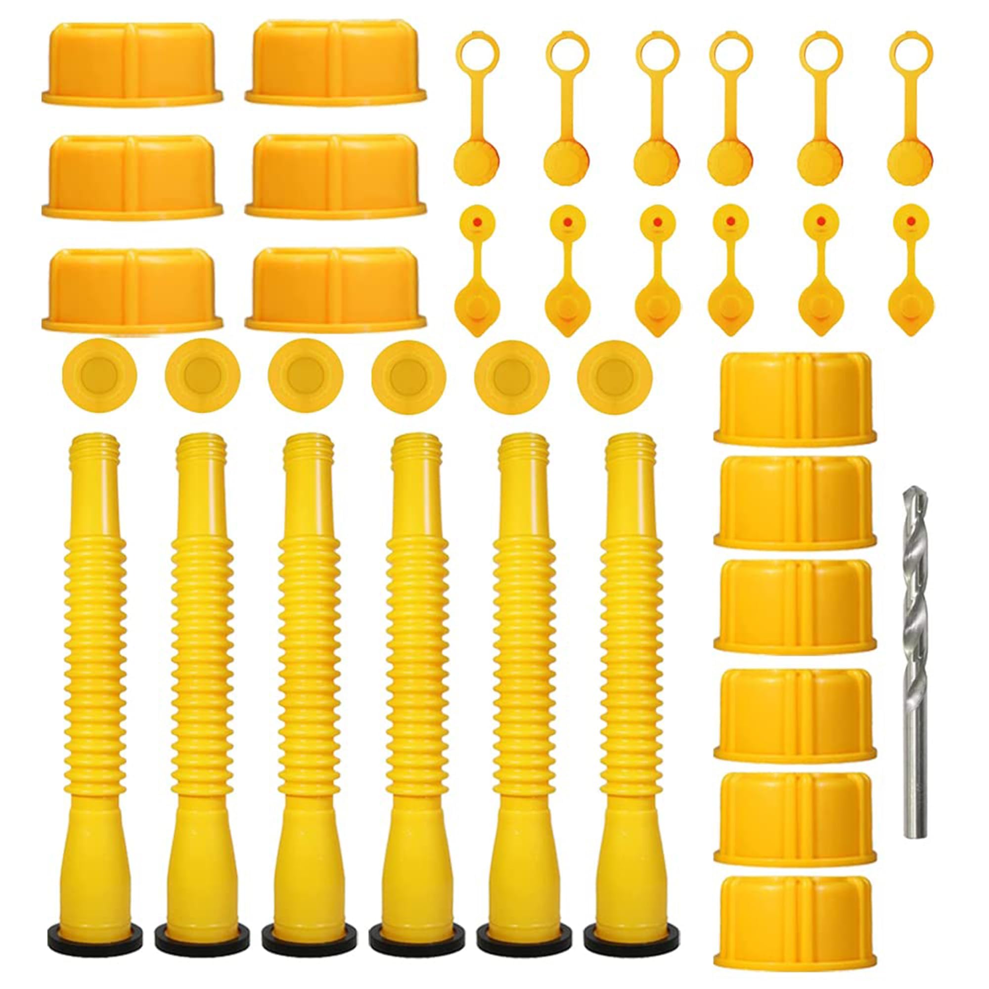 6 Kit 37PCS Gas Can Spout Replacement Set, Gas Can Nozzle 5 Gal ,6 Bendable Tubes,6 Screw Collar Coarse Thread &6Fine Thread-Fits Most of The Cans,6 Threaded caps,6 Vent Caps 1 Drill Lid (37)