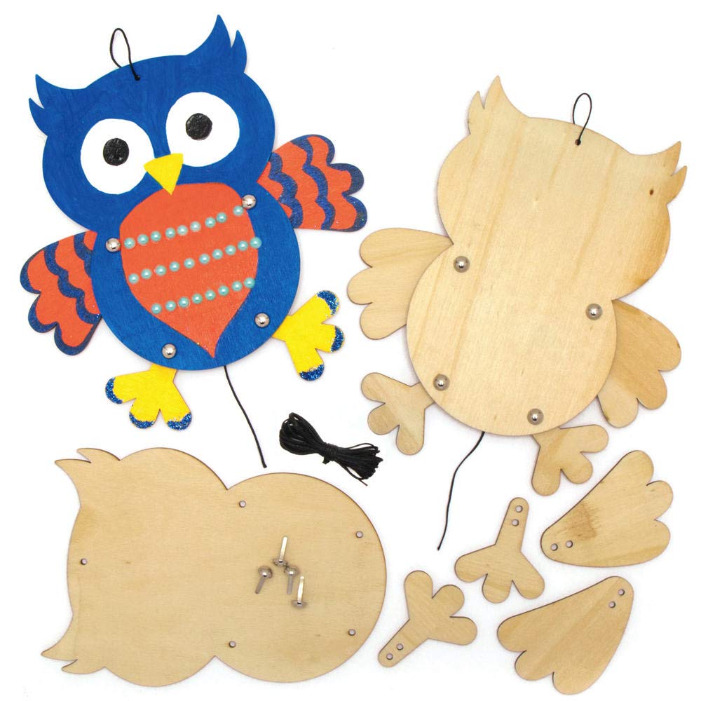 Baker Ross AX159 Owl Wooden Puppet Kits for Kids - Pack of 4, Childrens Woodcraft Painting Sets for Kids Arts and Crafts Projects