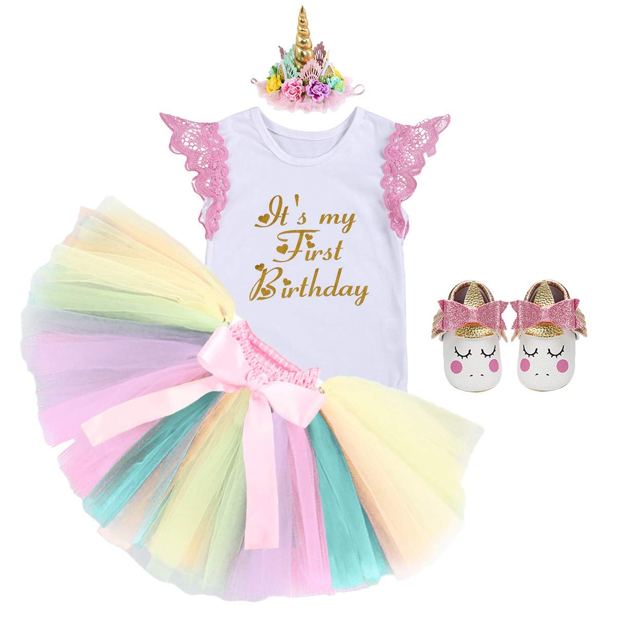 HIHCBF Baby Girls Princess First Birthday Cake Smash Unicorn Outfits Romper Rainbow Tutu Skirt Unicorn Headband Shoes