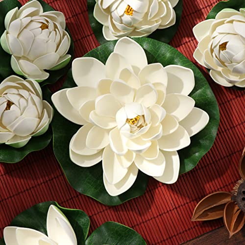 Ciieeo 6PCS Artificial Floating Pool Flowers Realistic Lotus Flowers with Water Lily Pads Floating Flowers for Pool Patio Garden Aquarium Decor White Two Size