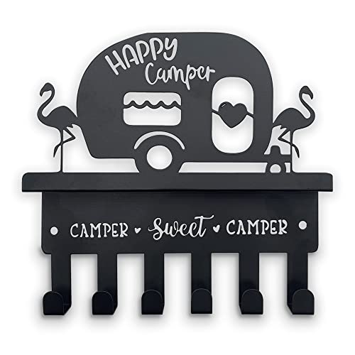 Camper Key Holder for Wall Decorative, Camping Decor, Camper Accessories for Travel Trailers, Metal Key Rack Hanger with Shelf and 6 Hooks, Camper Gifts, Rustic RV storage and organization for Wall