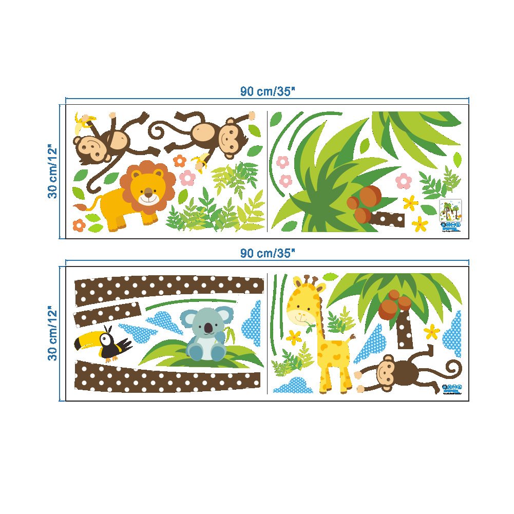 ElecMotive Cartoon Forest Animal Monkey Crow Koala Coconut Palm Tree Nursery Wall Stickers Wall Murals DIY Posters Vinyl Removable Art Wall Decals for Kids Girls Room Decoration (Monkey Lion Giraffe)