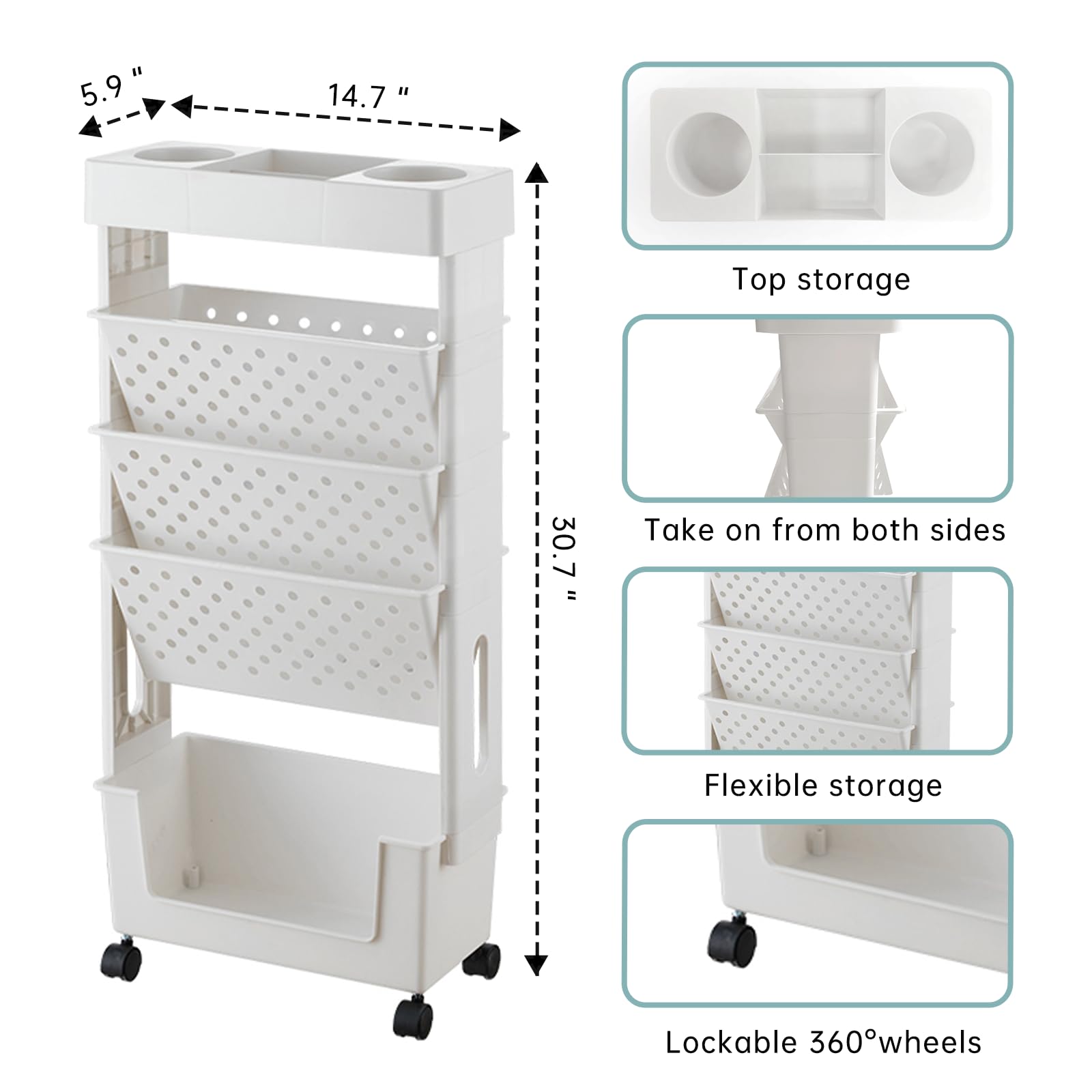5 Tier Mobile Bookshelf Rolling Book Rack with Wheels, Removable Storage Bookcase Slim Rolling Storage Book Cart for Students Teachers and Adult in School Home Office