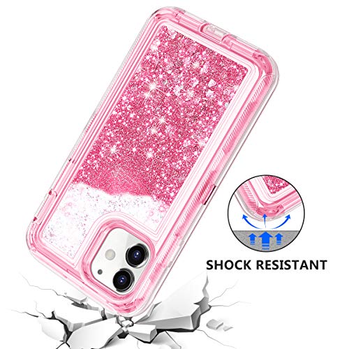WOLLONY for iPhone 11 Case Glitter, Heavy Duty Girly Liquid Bling Quicksand 3 in 1 Hybrid Impact Resistant Shockproof Hard Bumper Soft Clear Rubber Protective Cover for iPhone 11 6.1inch Pink