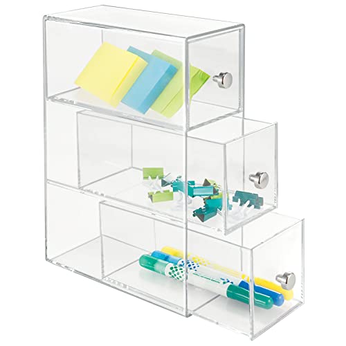 mDesign Plastic Stackable Desktop Organizer Tower Storage Station with 3 Drawers for Home Office - Holds Pens, Sticky Notes, Binder Clips, Notepads, or Gel Pens - Lumiere Collection - 2 Pack - Clear