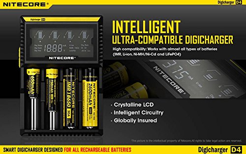 EdisonBright Nitecore D4 Digital Smart Battery Charger for Li-ion Ni-MH Ni-CD with 12V DC Car Adapter, NBM40 18650 Battery Magazine Battery Carry Case