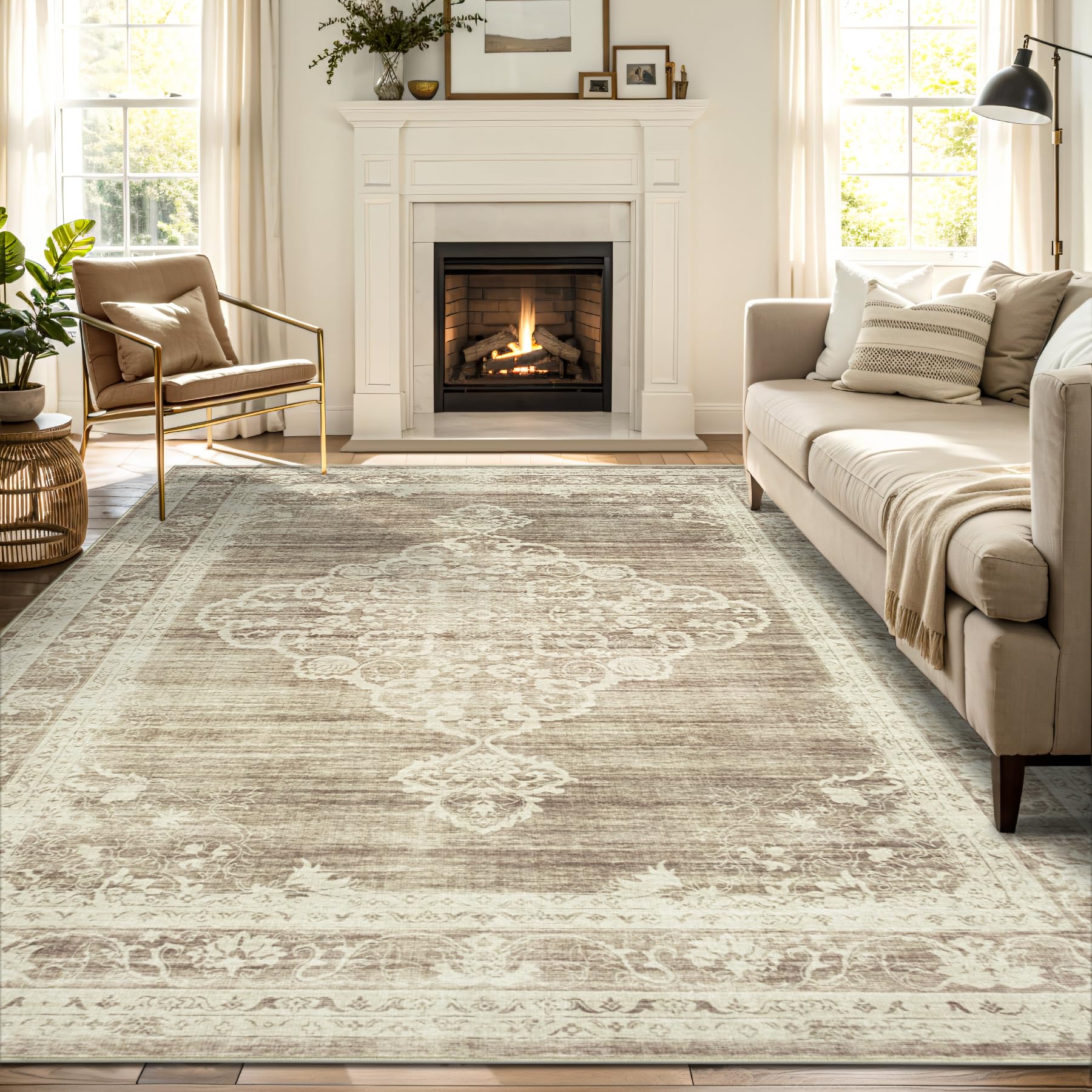 8x10 Area Rugs for Living Room Washable, Neutral Vintage Rug Large for Dining Room Bedroom Carpet Farmhouse Non Slip Low Pile Pet Friendly Area Rug 8 by 10 Indoor - Beige