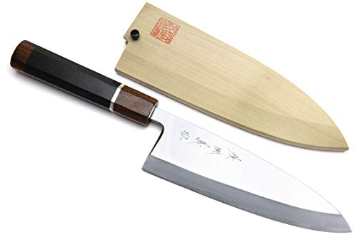 Yoshihiro Mizu Yaki Ginsanko Mirror-Finished High Carbon Stain Resistant Deba Fish Fillet Knife Ebony Handle with Silver Ring (7'' (180mm))