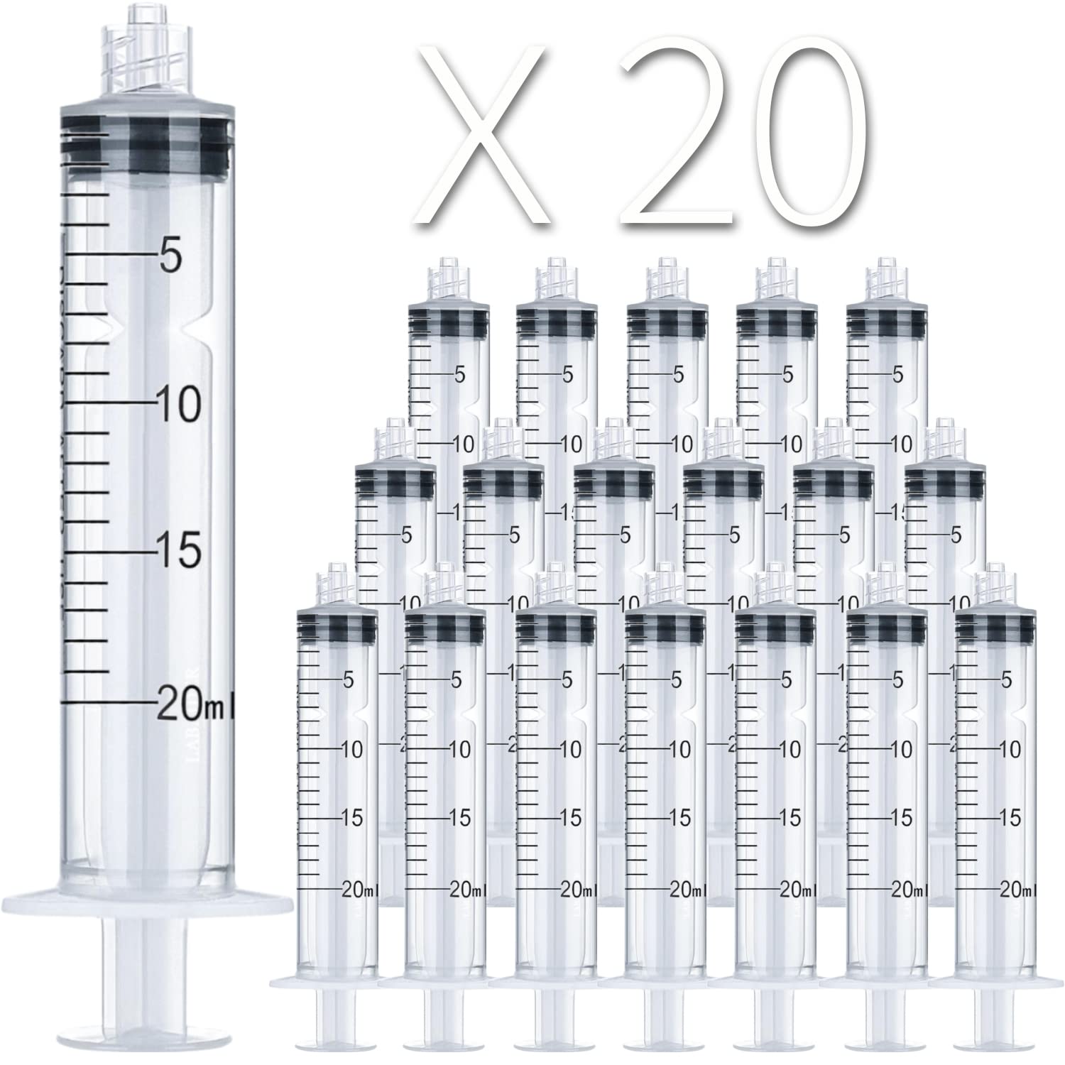 50 Pack 20mL/cc Plastic Luer Lock Syringes Without Needle, Individually Sterile Wrapped, with Tip Cap, for Liquid,Scientific Labs, Measuring, Dispensing