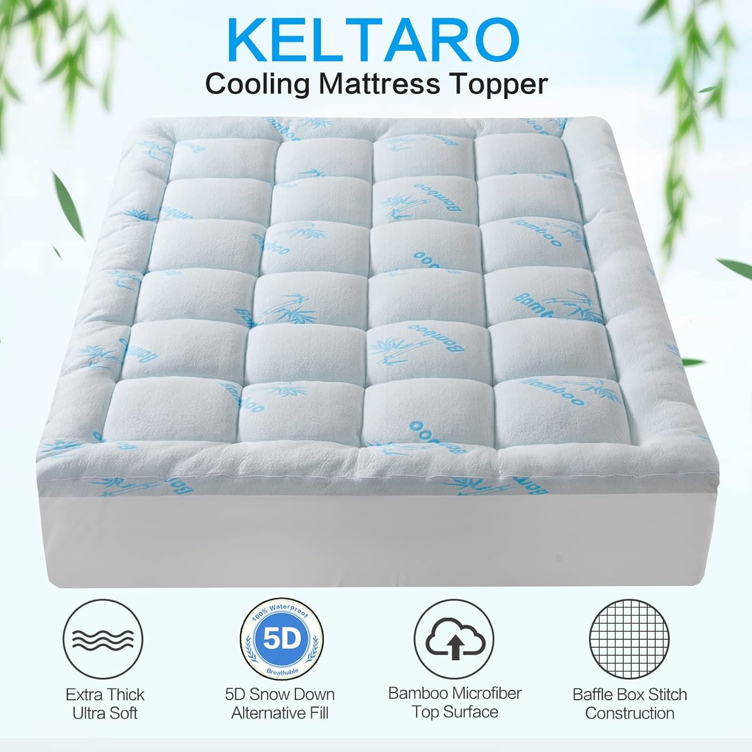 KELTARO Mattress Topper Full Size for Double Bed,Extra Thick Cooling Viscose Made from Bamboo Mattress Pad Cover Plush Soft Noiseless Down Alternative Fill,with 8-21" Deep Pocket