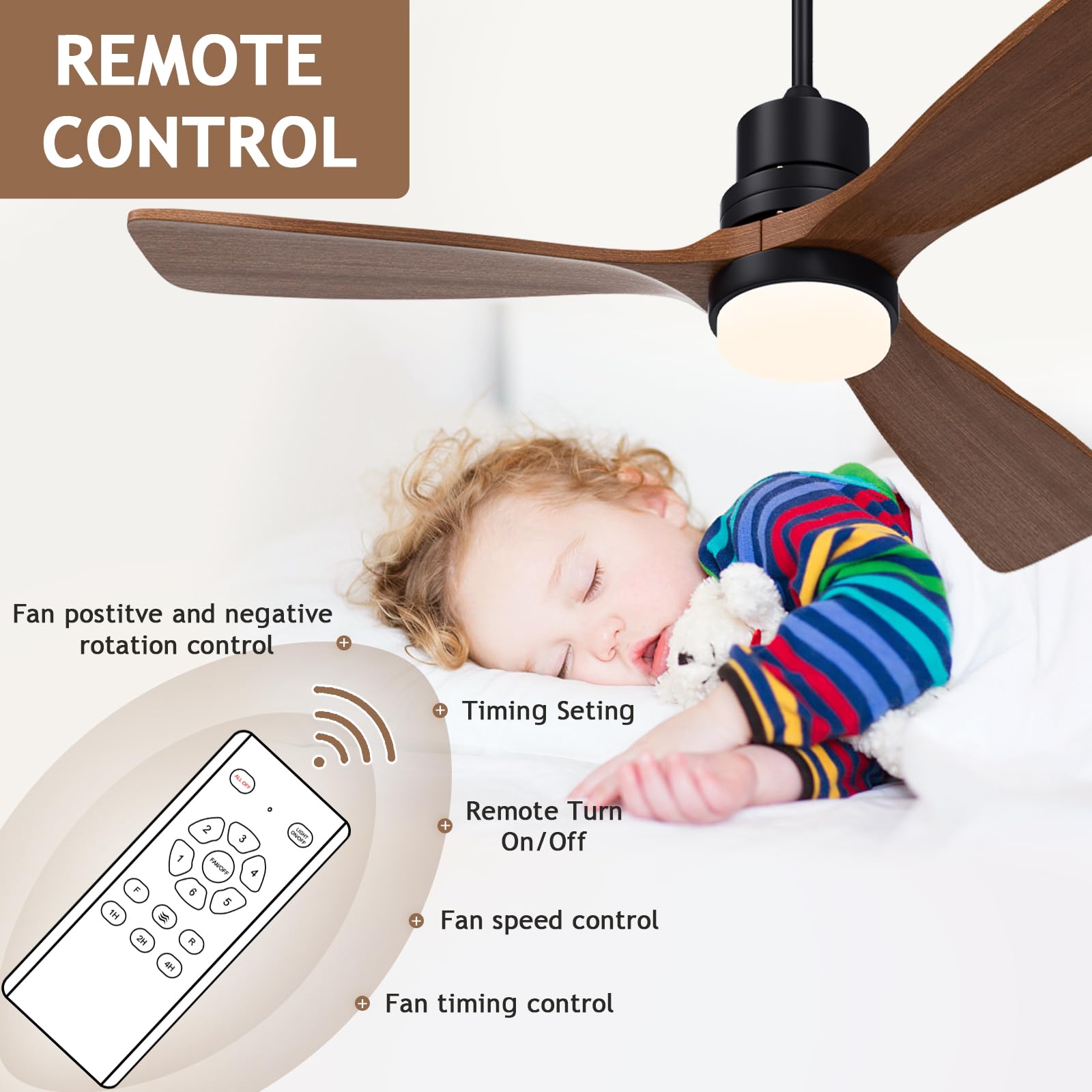 60'' Ceiling Fan with Light Remote Control Modern 3 Wood Blade Ceiling Fan, Outdoor Ceiling Fan Reversible DC Motor and Matte Black