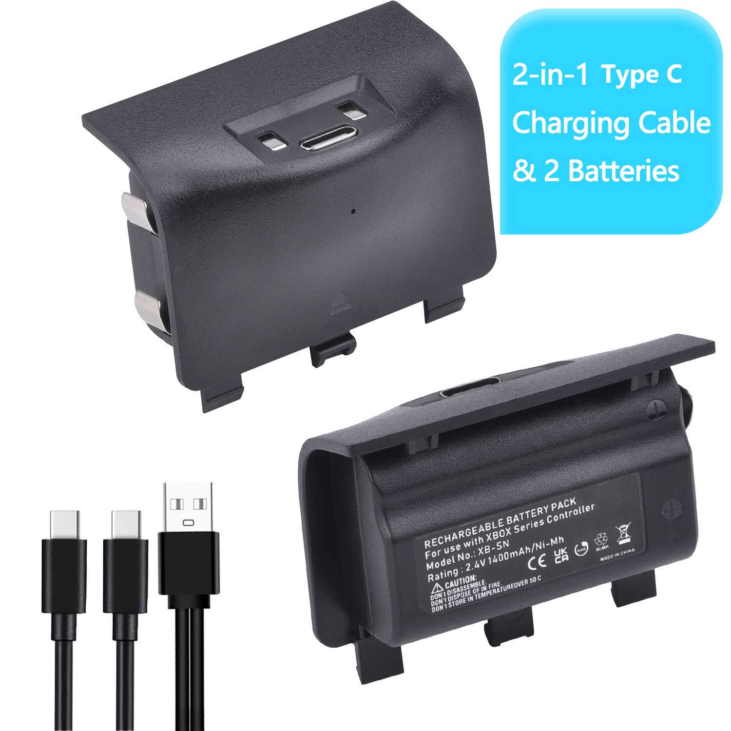 Battery Pack for Xbox Series X|S, Tectra 2-Pack Controller Battery for Xbox Series X, Xbox Series S with Charging Cable