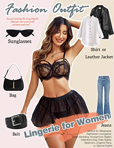 Avidlove Lace Lingerie Set with Garter Belt Mesh Skirt Nightwear (Black, Small)
