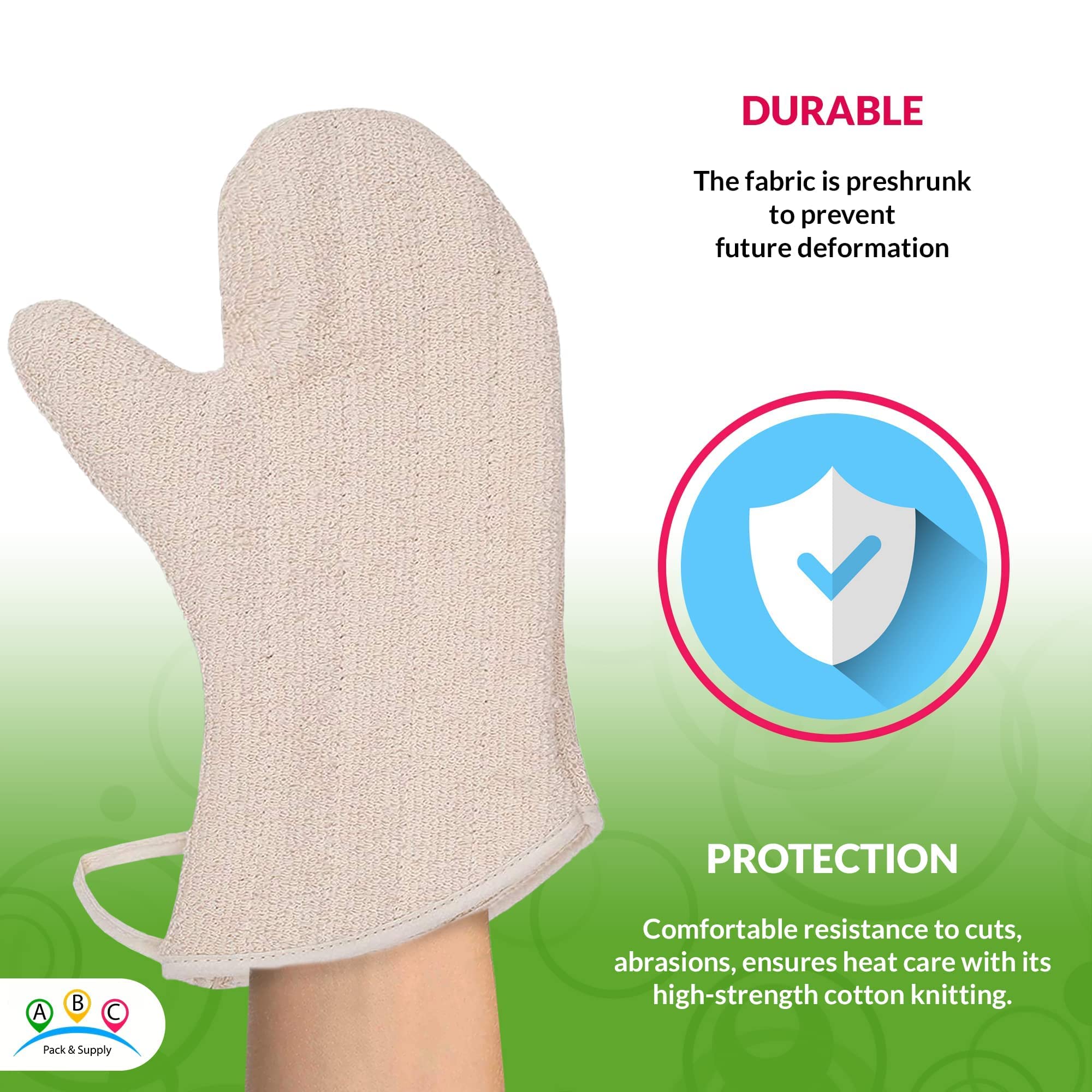 ABC Terry Cloth Oven Mitt 33 Cm. 3 Pairs of Beige Kitchen Oven Mitts Heat Resistant with 260 C Heat Resistance. Cut Resistant Cotton Oven Mittens for Kitchen with Top Loop. Washable Oven Gloves