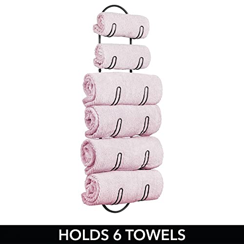 mDesign Steel Wall Mount Towel Rack with 6 Compartments - Towel Holder and Towel Storage Shelf Organizer for Bathroom, Powder Room - Concerto Collection - 2 Pack - Black