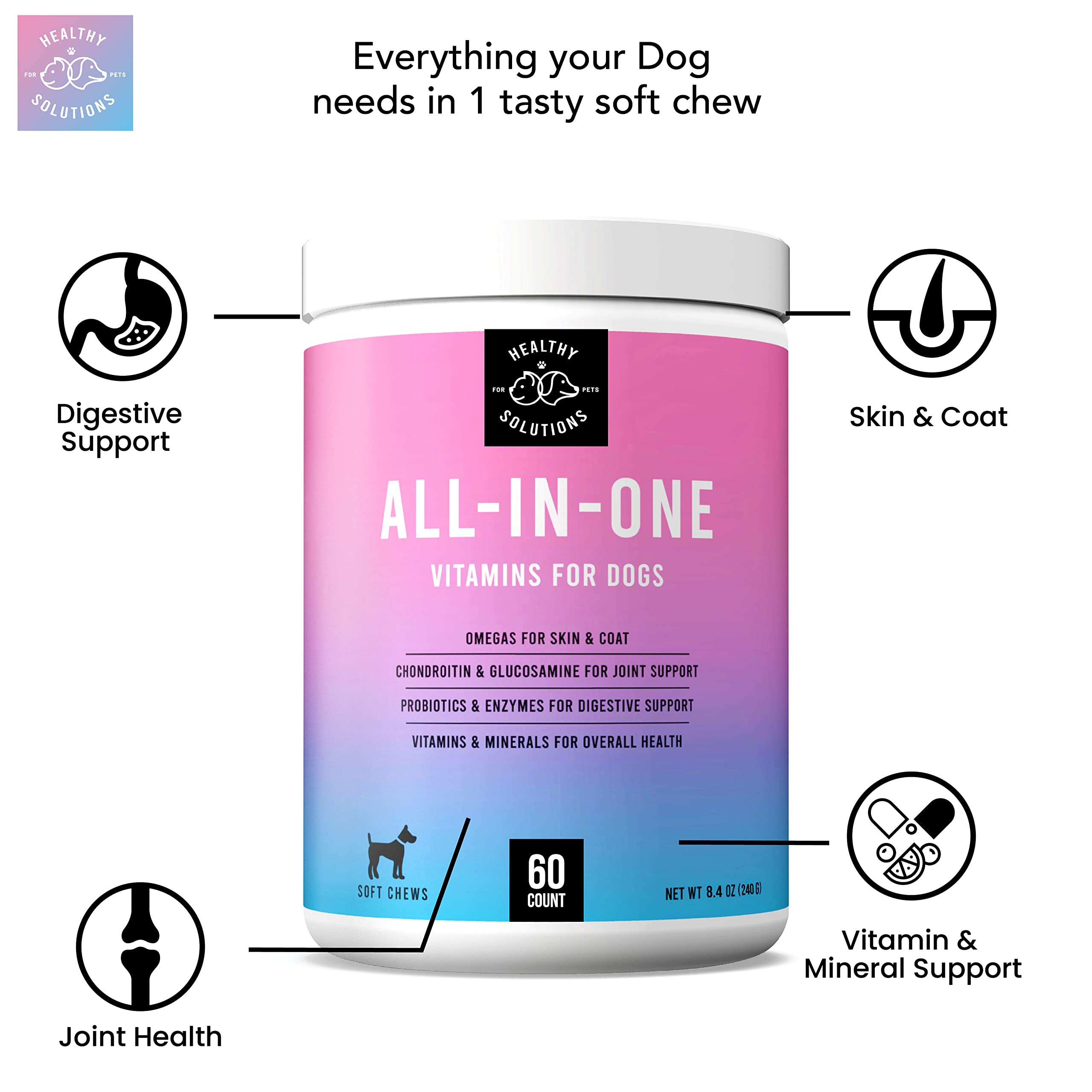 All-in-One Dog Vitamins & Supplements - Dog Multivitamin Supplement for Joint Support, Digestion, Skin, & Coat - Plus Omega-3, 6, 9 - Ultimate Daily Vitamin for Dogs - Made in USA, 60 Soft Chews