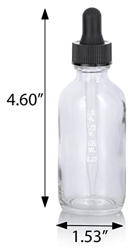JUVITUS 2 oz / 60 ml Clear Glass Boston Round Graduated Measurement Glass Dropper Bottle (6 Pack) + Funnel