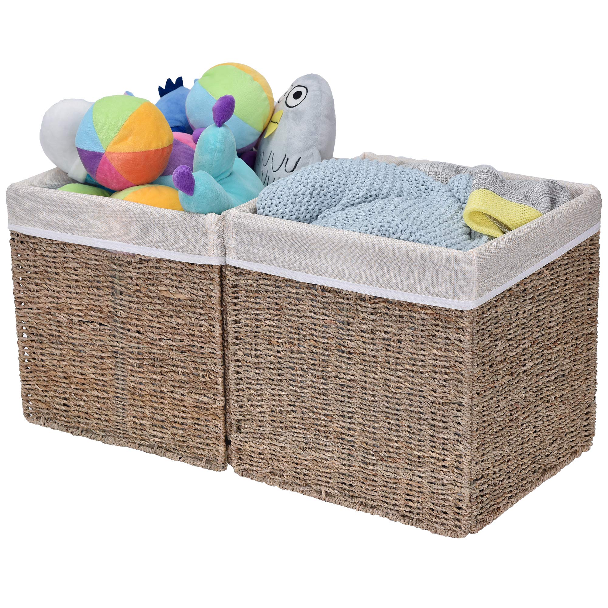 StorageWorks Rectangular Wicker Baskets for Shelves, Natural Seagrass Storage Baskets with Linings, 2-Pack