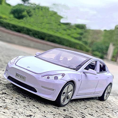 Car Model 3 1:32 Scale Alloy diecast Pull Back Electronic Toys with Lights and Sound, Mini Vehicles Toys for Kids Gift Tesla Car Lovers (White)