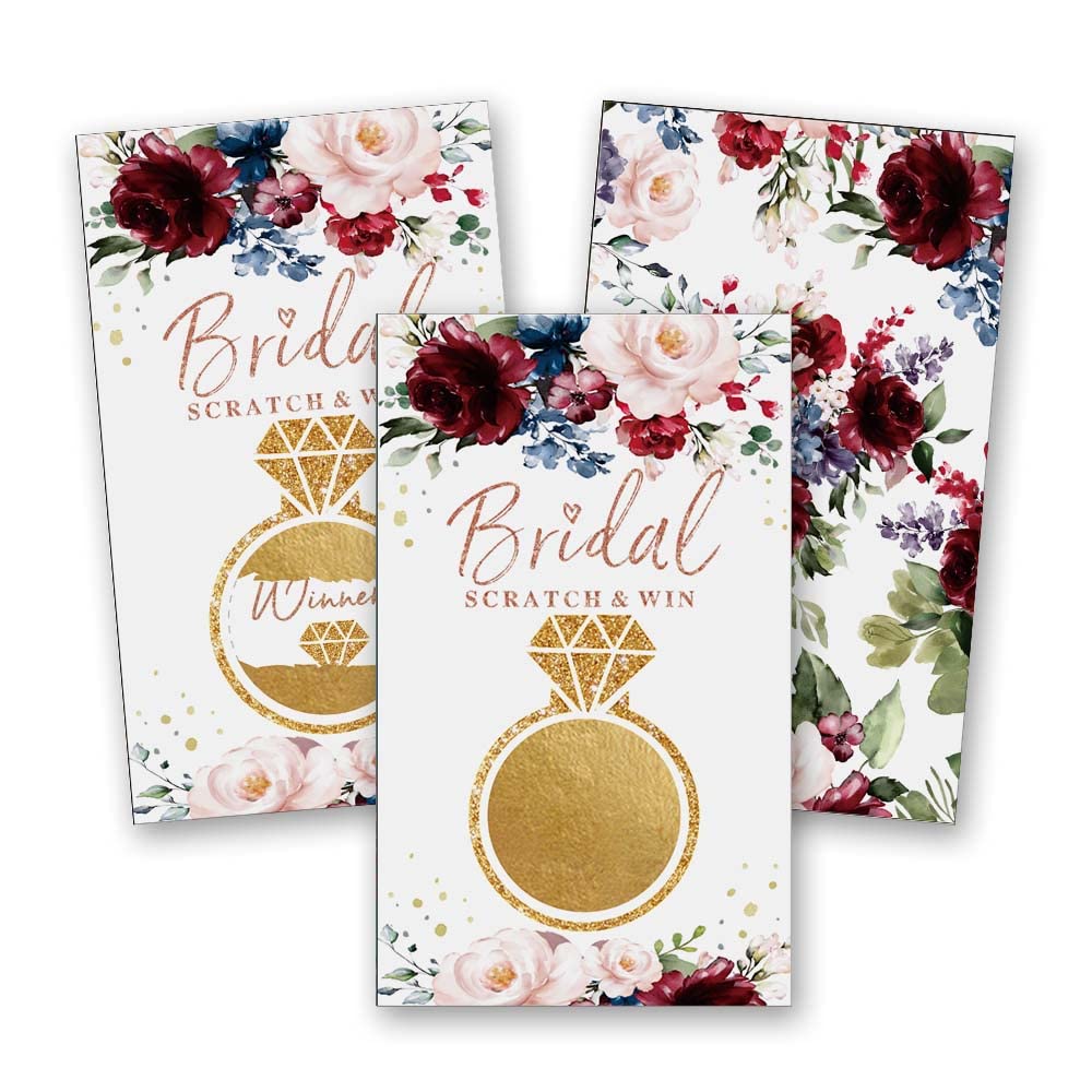 50 pack Bridal Shower Scratch Off Game，Rose Wine Red Flowers Bridal Lottery card, Country Wedding, Bridal Shower, Bridal Lottery Tickets, Wedding Shower Ideas (Diamond Ring Watercolor Plants)
