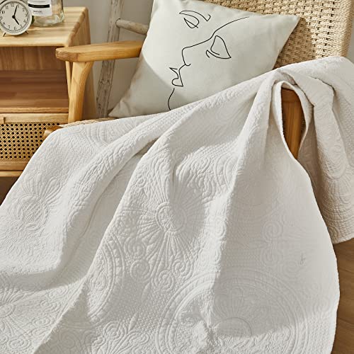 Brandream White Boho Sunflower Medallion Quilt Cotton Quilted Throw Blanket for Bed Couch Daybed 47 X 60 Inch Decorative Throw Blankets
