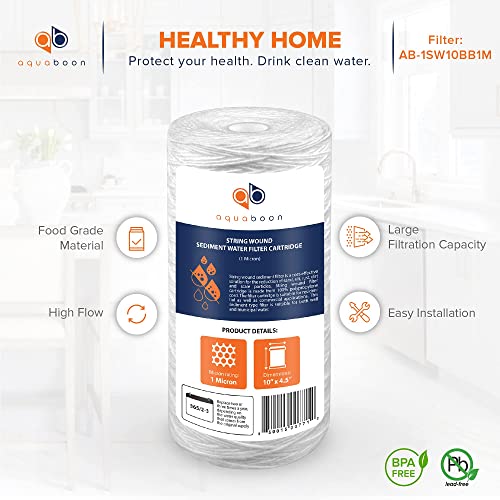 Aquaboon 1 Micron 10" x 4.5" String Wound Sediment Water Filter Cartridge | Whole House Sediment Filtration | Compatible with 84637, WPX5BB97P, PC10, 355214-45, 355215-45, WP10BB97P WP5BB97P 6-Pack