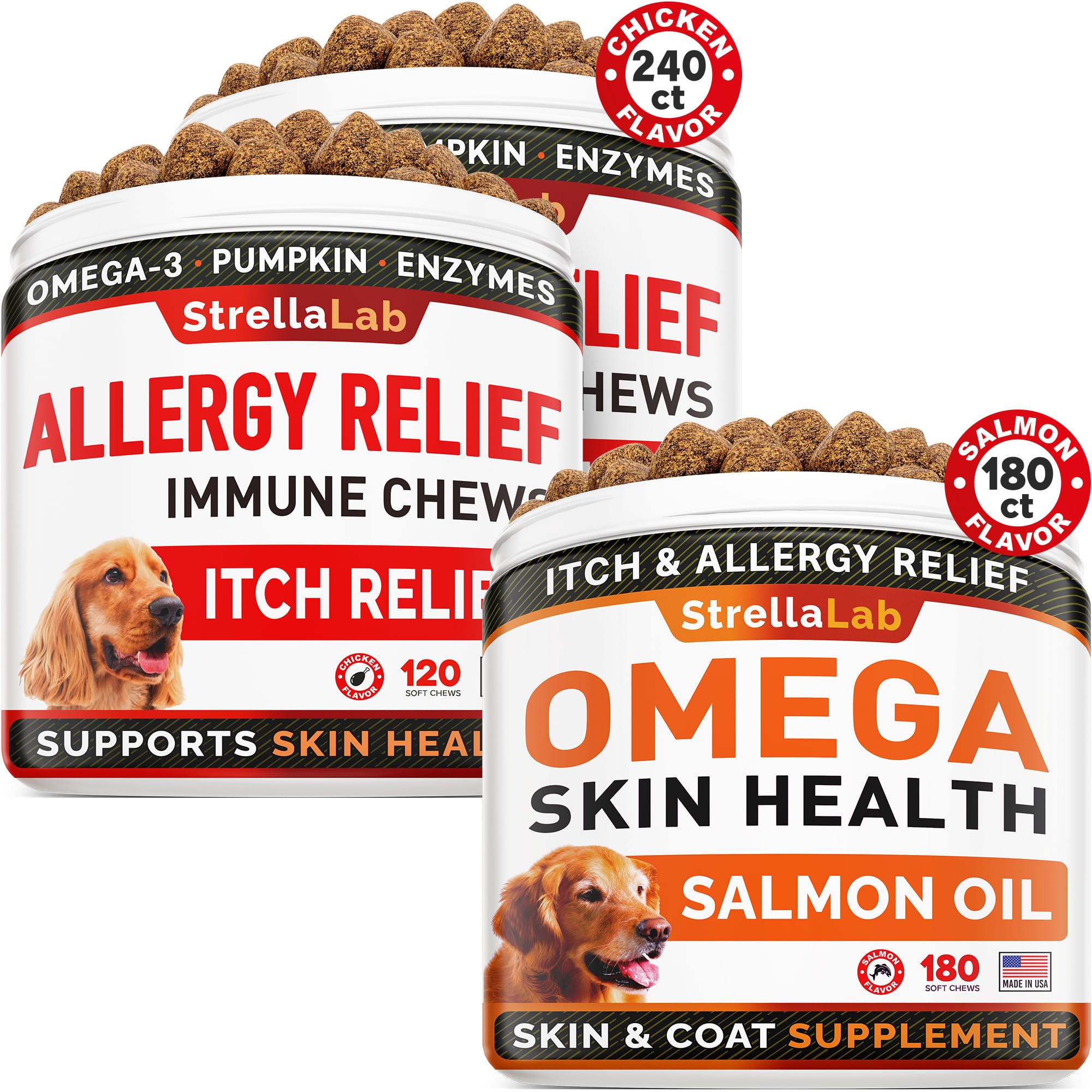 Allergy Relief + Omega 3 Dogs Bundle - Itchy Skin Treatment + Allergy & Itch Relief - Omega 3 & Pumpkin - Dogs Itching & Licking Treats + Skin & Coat Supplement - 420 Chews - Made in USA