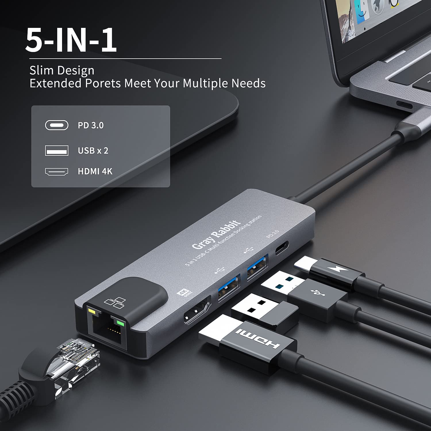 5-in-1 Dock Station,USB Type c HUB with 4k@60HZ, 2*USB2.0 Ports, PD3.0 and RJ 45 10/100M Compatible with MacBook Air Pro,iPad pro, Surface Laptop/Pro and More