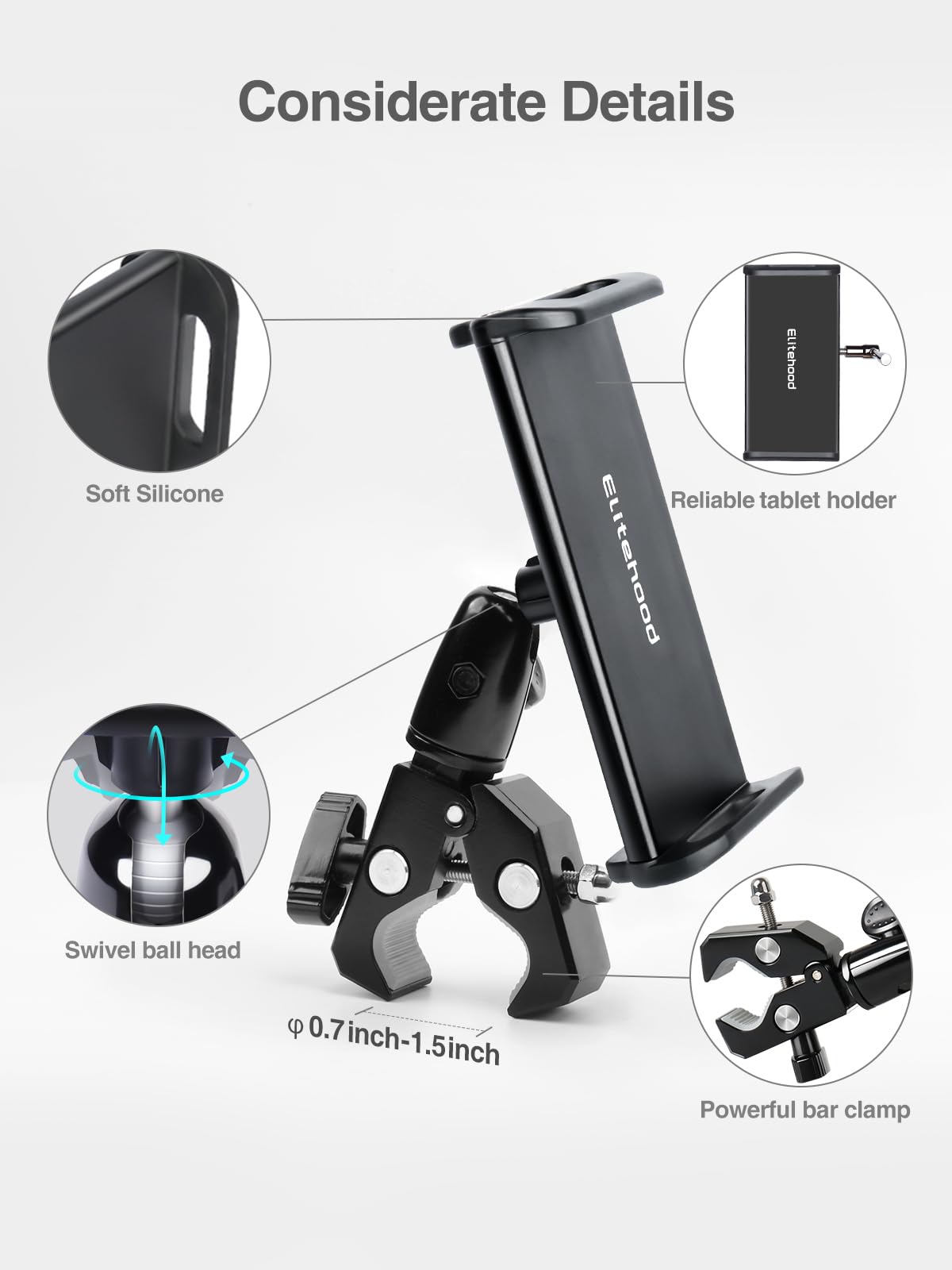 elitehood iPad Holder for Treadmill, Heavy Duty Tablet Holder for Stroller, iPad Bike Mount Compatible with 4.7-12 inches iPad, iPhone, Tablets and Cell Phones