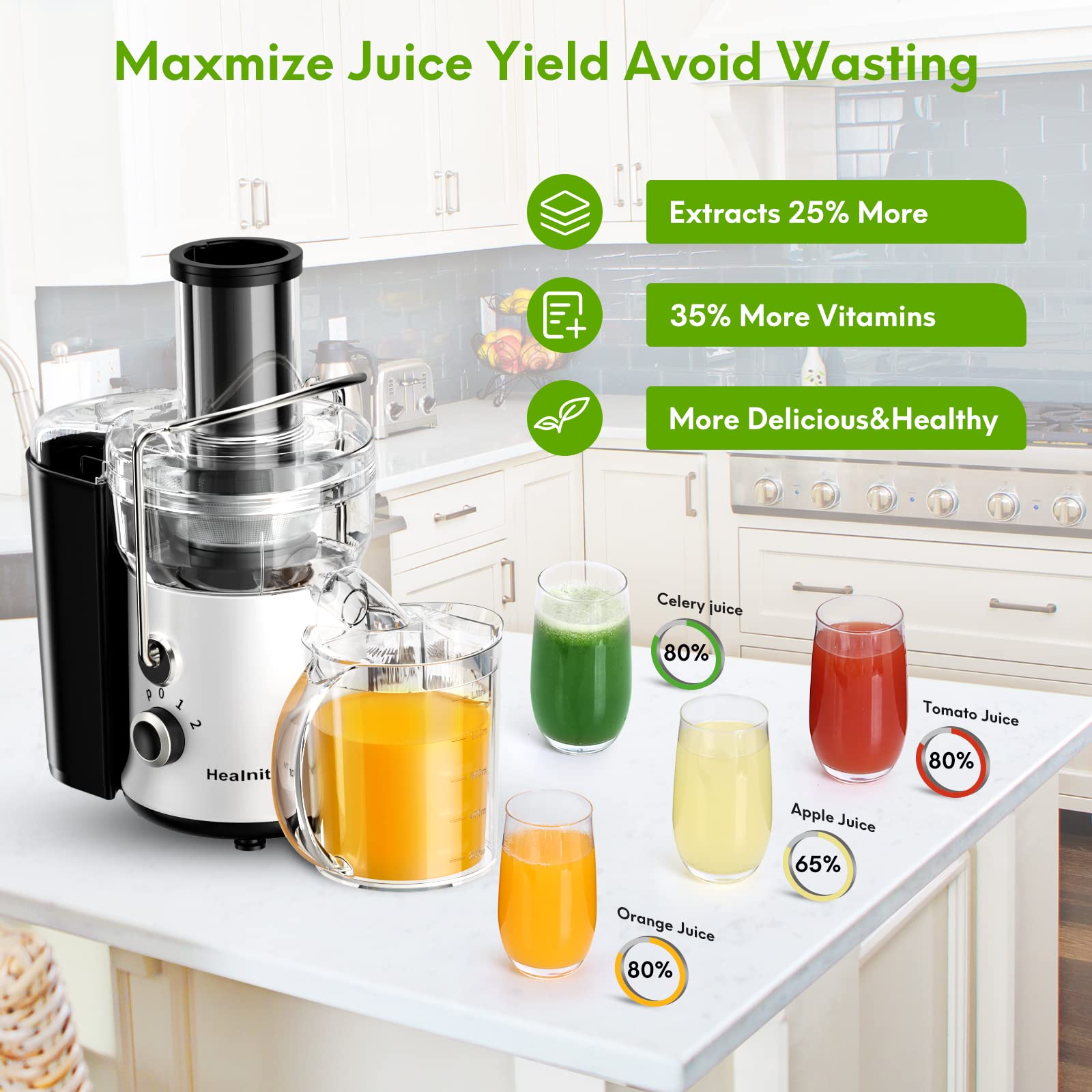 650W 3 Speeds Juicer Machines Vegetable and Fruit, Healnitor Centrifugal Juice Extractor with Wide 3β Feed Chute, Easy to Clean, BPA-Free Compact Centrifugal Juice Maker, White