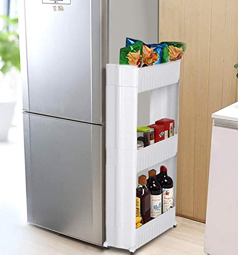 Home-X Slim 3-Tier Rolling Cart for Laundry Room and Bathroom Organization, Space-Saving Storage with Shelves and Wheels, Small Pantry Shelf, Narrow Organizer, White Shelving Unit