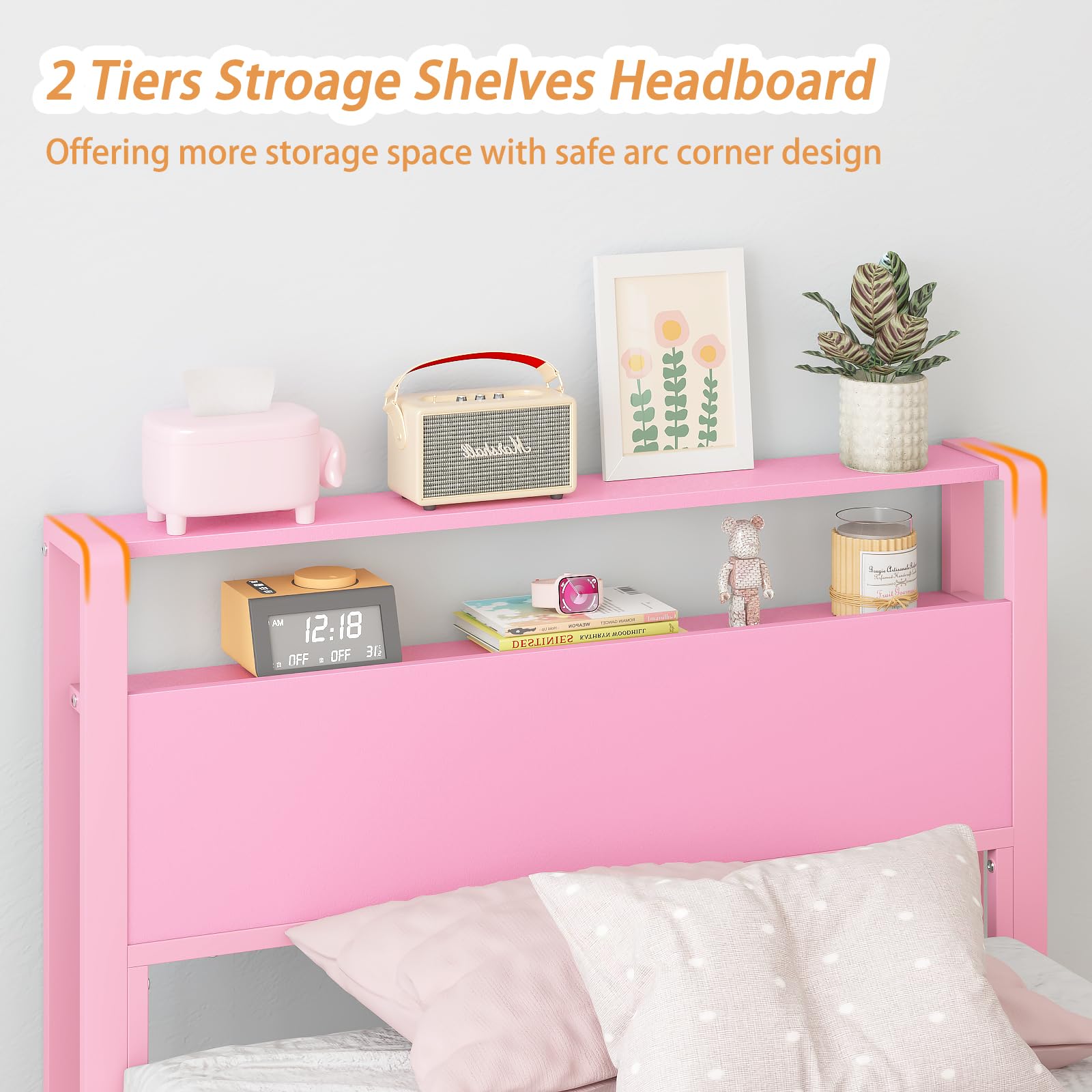 Weehom Twin Bed Frames for Kids with 2 Tiers Wood Storage Shelves Headboard, Twin Size Bed No Box Spring Needed Under Bed Storage Space Metal Platform for Girls and Adults, Pink