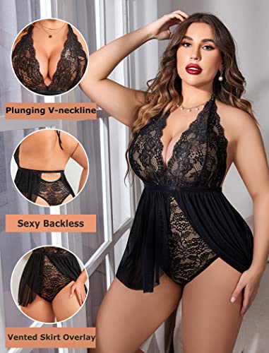 Avidlove Plus Size Babydoll Womens Lingerie Snap Crotch Lace Nighty Halter Plunging Mesh Sleepwear 14-24W (18W, Black)