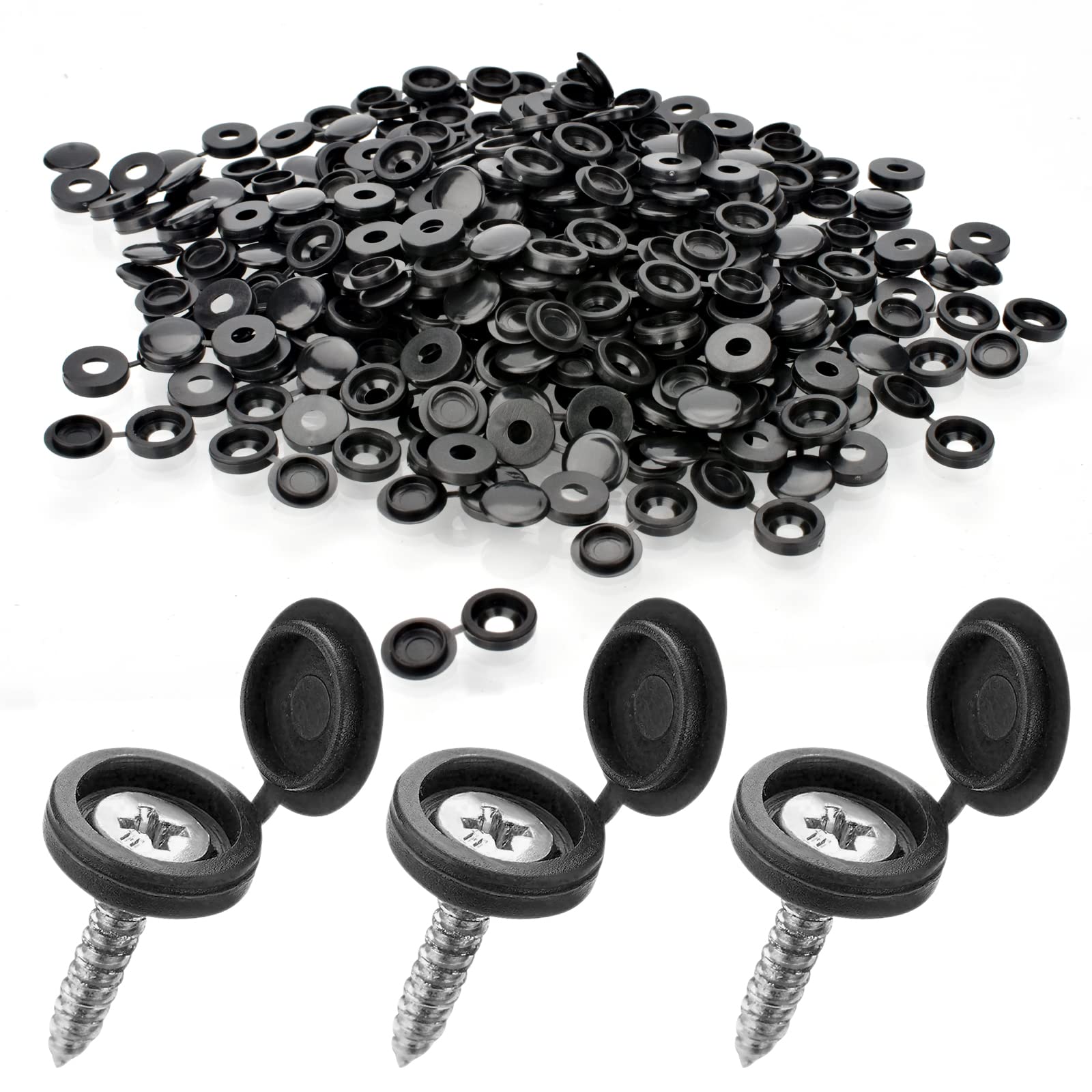 AccEncyc 200Pcs Screw Cap Covers Hinged Screw Cover Caps Plastic Shutter Screw Caps Black Fold Screw Snap Covers for M4 M5 Screws (Medium)