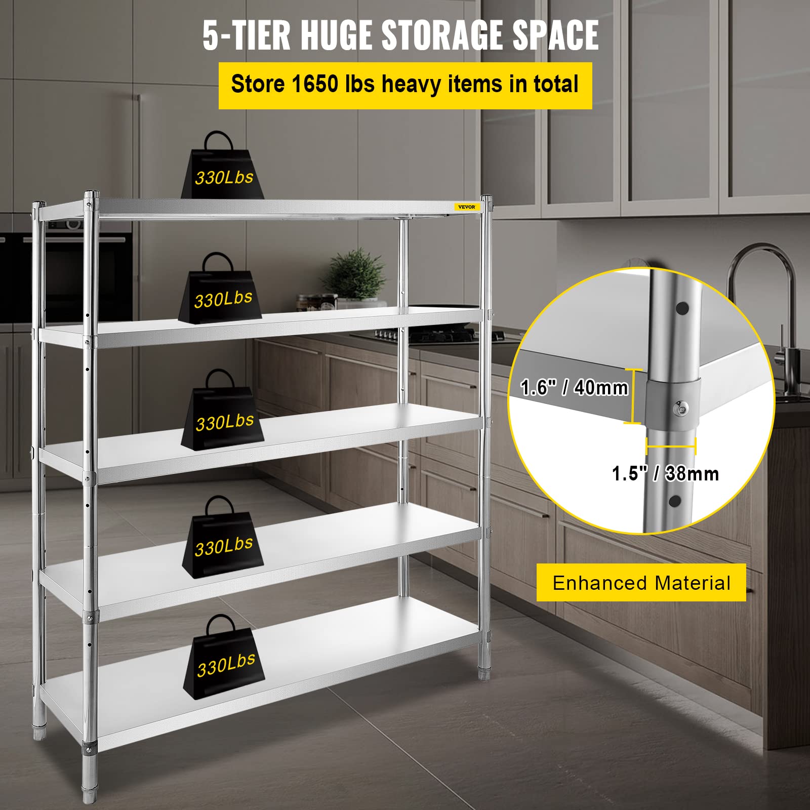 VBENLEM Stainless Steel Shelving 60x18.5 Inch 5 Tier Adjustable Shelf Storage Unit Stainless Steel Heavy Duty Shelving for Kitchen Commercial Office Garage Storage 330lb Per Shelf