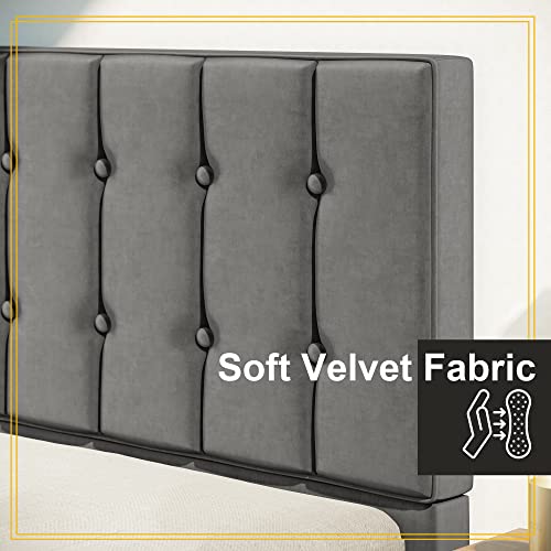 LIKIMIO Twin Bed Frames, Velvet Upholstered Twin Platform Bed Frame with Headboard and Strong Wooden Slats, No Box Spring Needed/Noise-Free/Easy Assembly, Grey