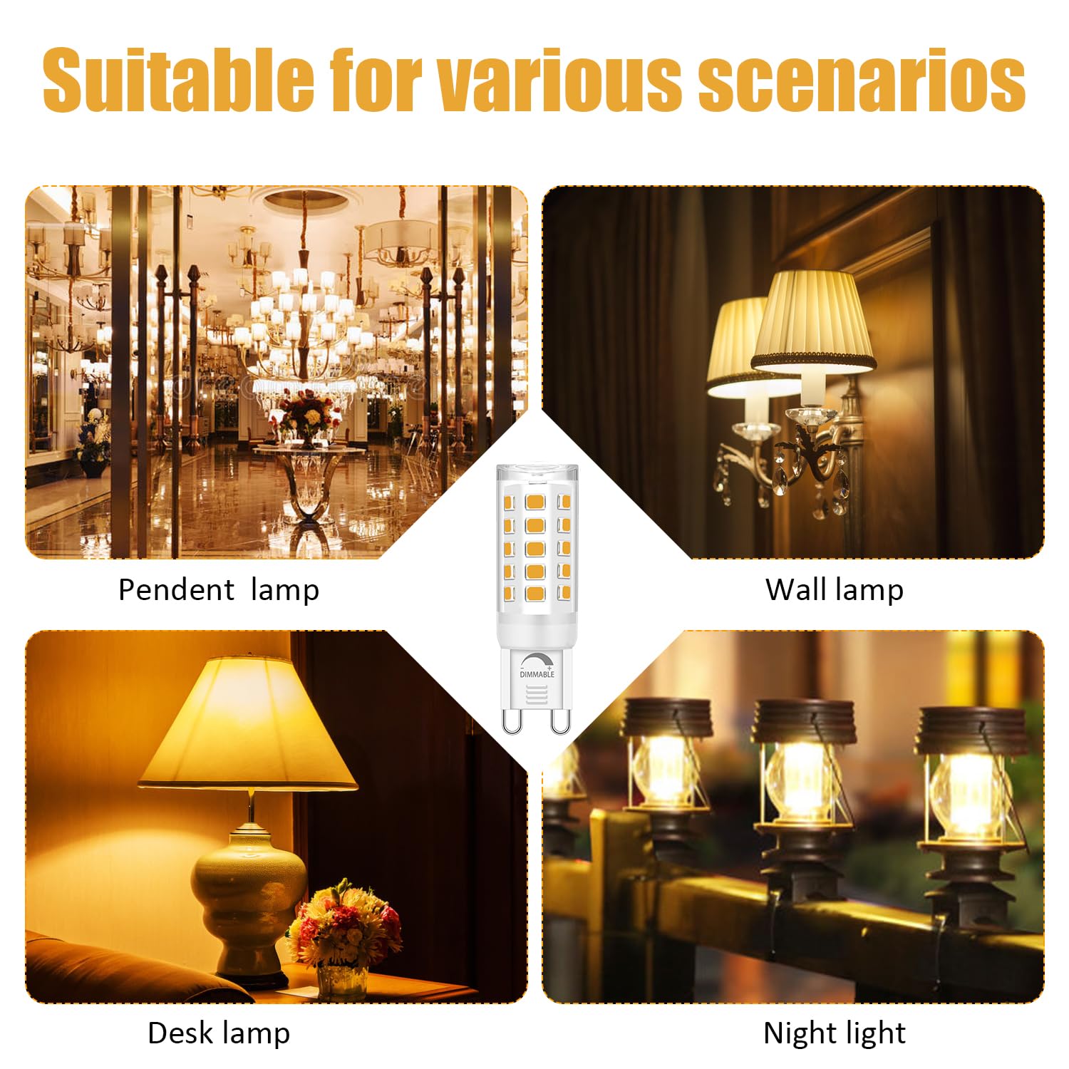 Ugvmn G9 LED Bulb Dimmable, No Flicker 2700K Soft Warm White T4 Small G9 LED Bi Pin Base, 4W (40W Halogen Replacement Bulbs), 360° Beam Angle, Chandelier Light Bulbs for Home Lighting, 4 Pack