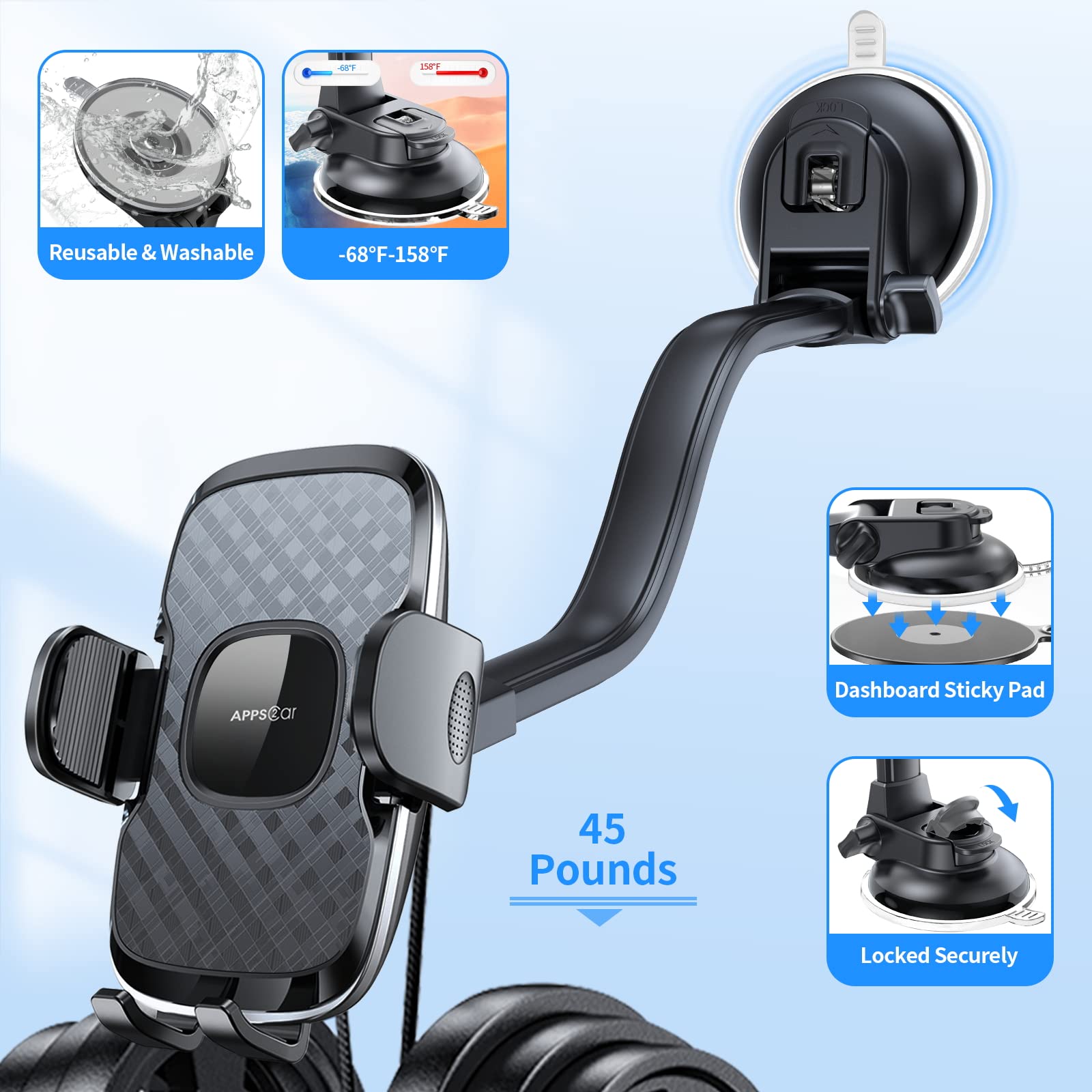 APPS2Car Car Phone Holder Mount, Universal 3-in-1 Dashboard/Windshield/Air Vent Cell Phone Holder, [Stronger Suction & Anti-Shake Stabilizer] Gooseneck Truck Phone Mount Compatible with iPhone