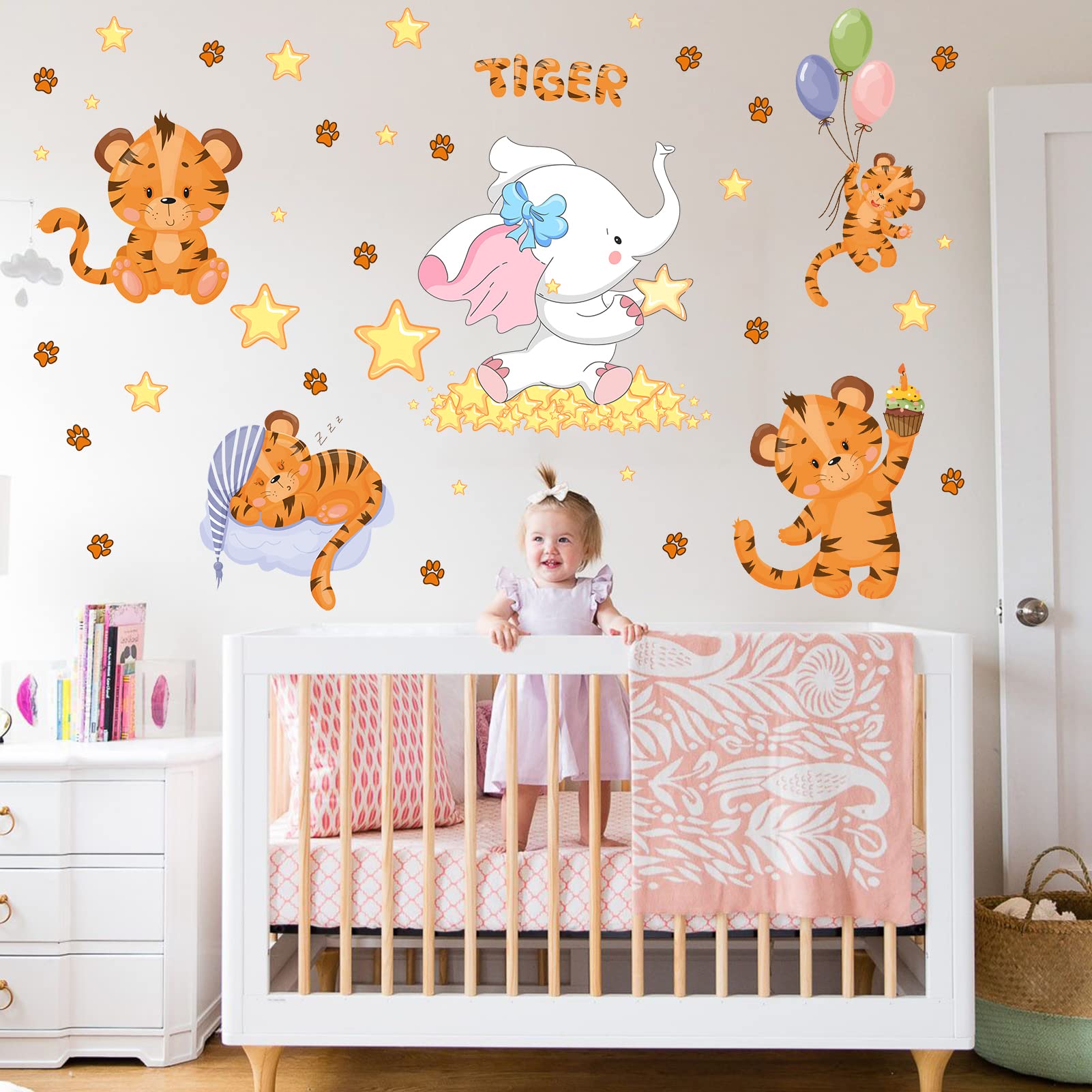 Balloon Flying Animals Wall Decals, Cute Tiger Elephant Star Wall Stickers,Animal Stickers for Kids,Cartoon Wall Decors for Nursery Kids Room Living Room Bedroom Decorations Home Decor