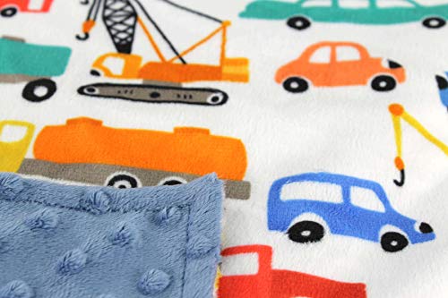 Top Tots Baby Blanket - City Cars and Trucks with Navy Blue Minky Dot